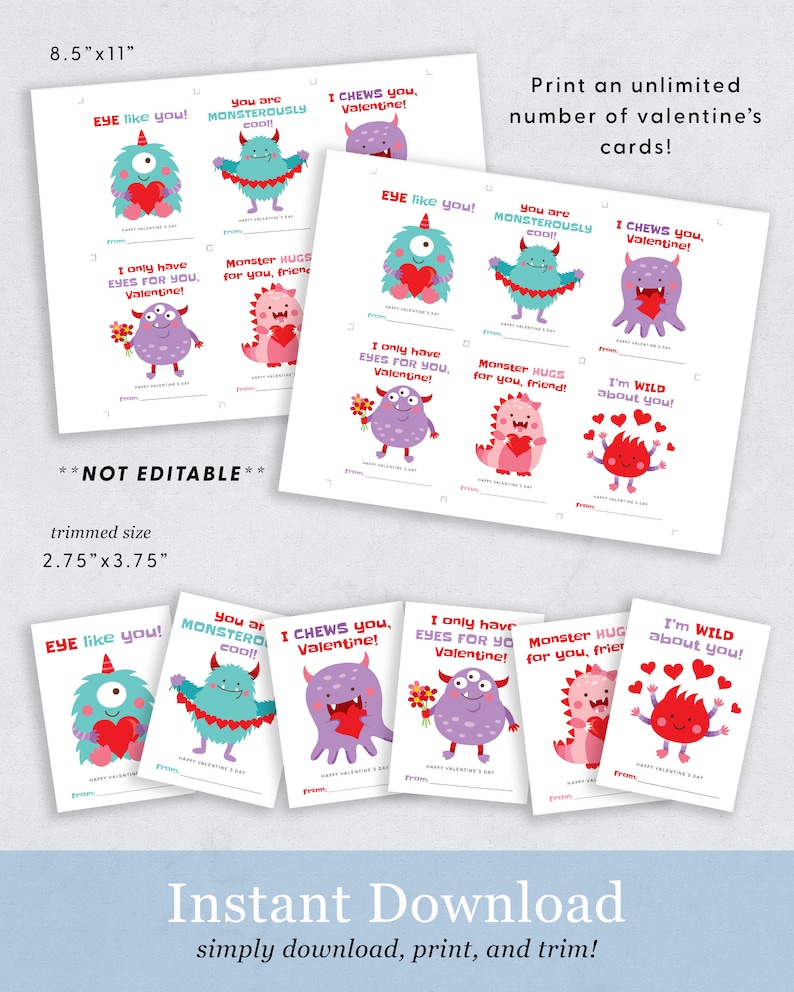 Printable Monster Valentine's Day Cards Classroom - Etsy