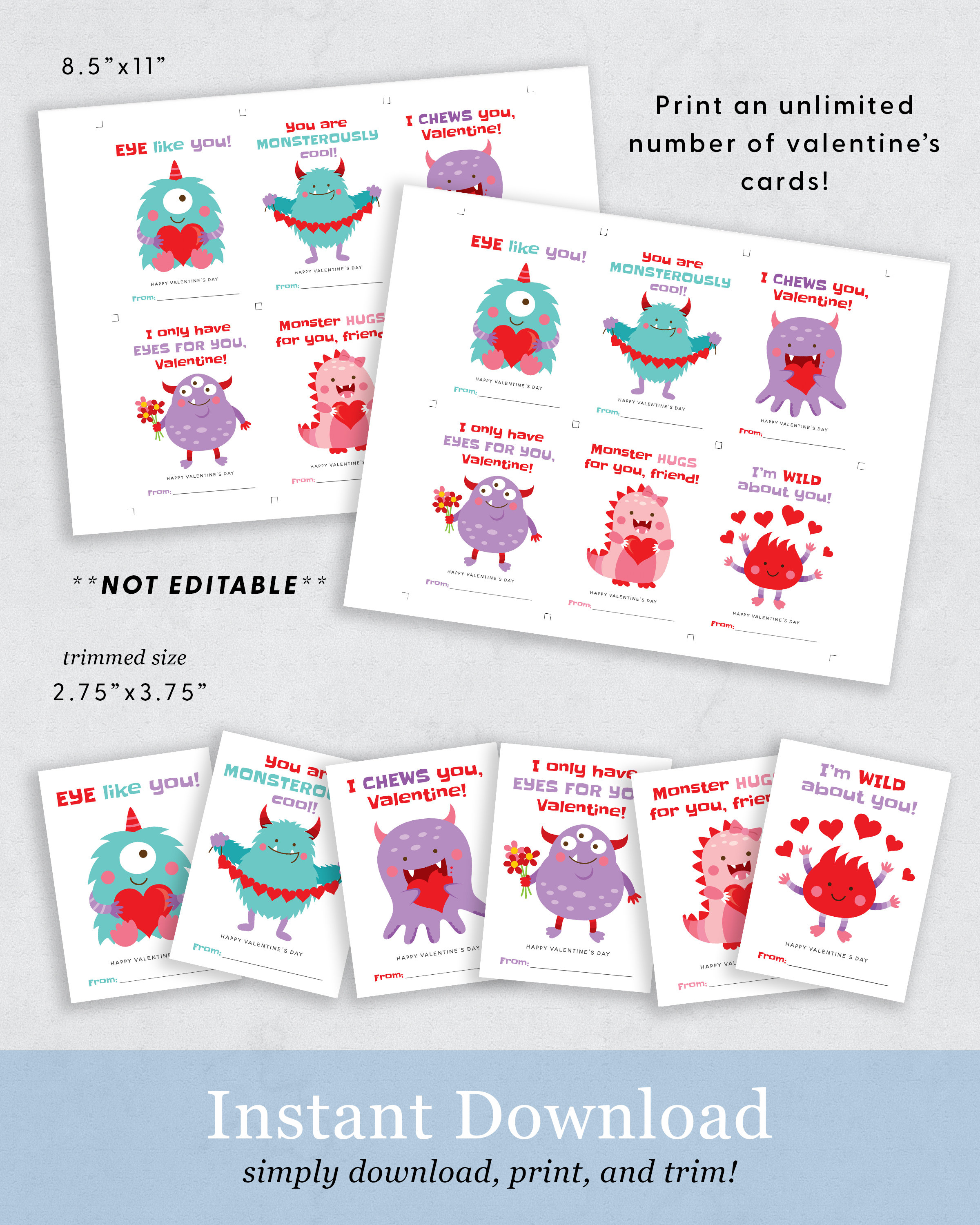 Printable Monster Valentine's Day Cards, Classroom Valentine's Day ...