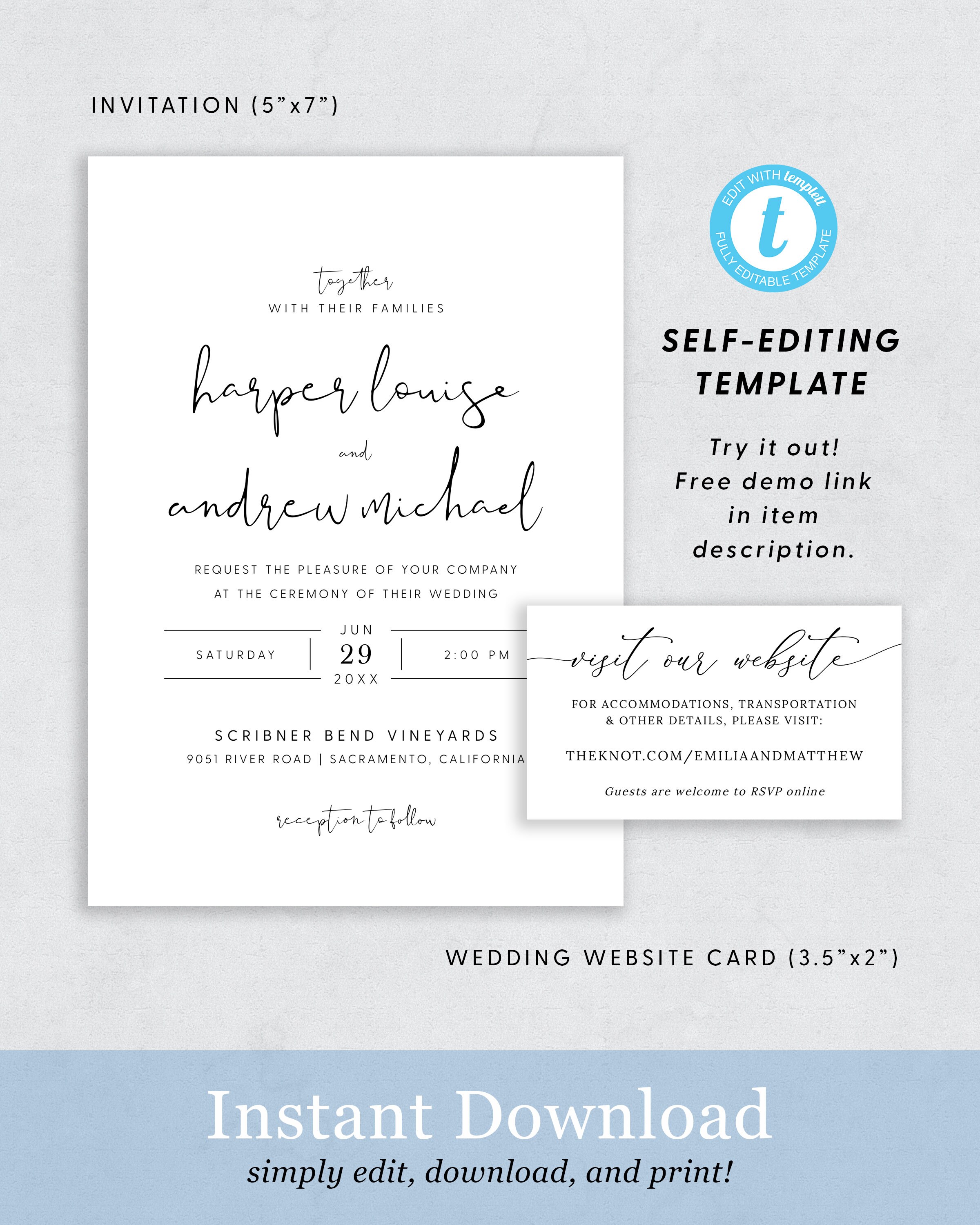 Minimalist Wedding Invitation Template, Modern Wedding Invitation ...