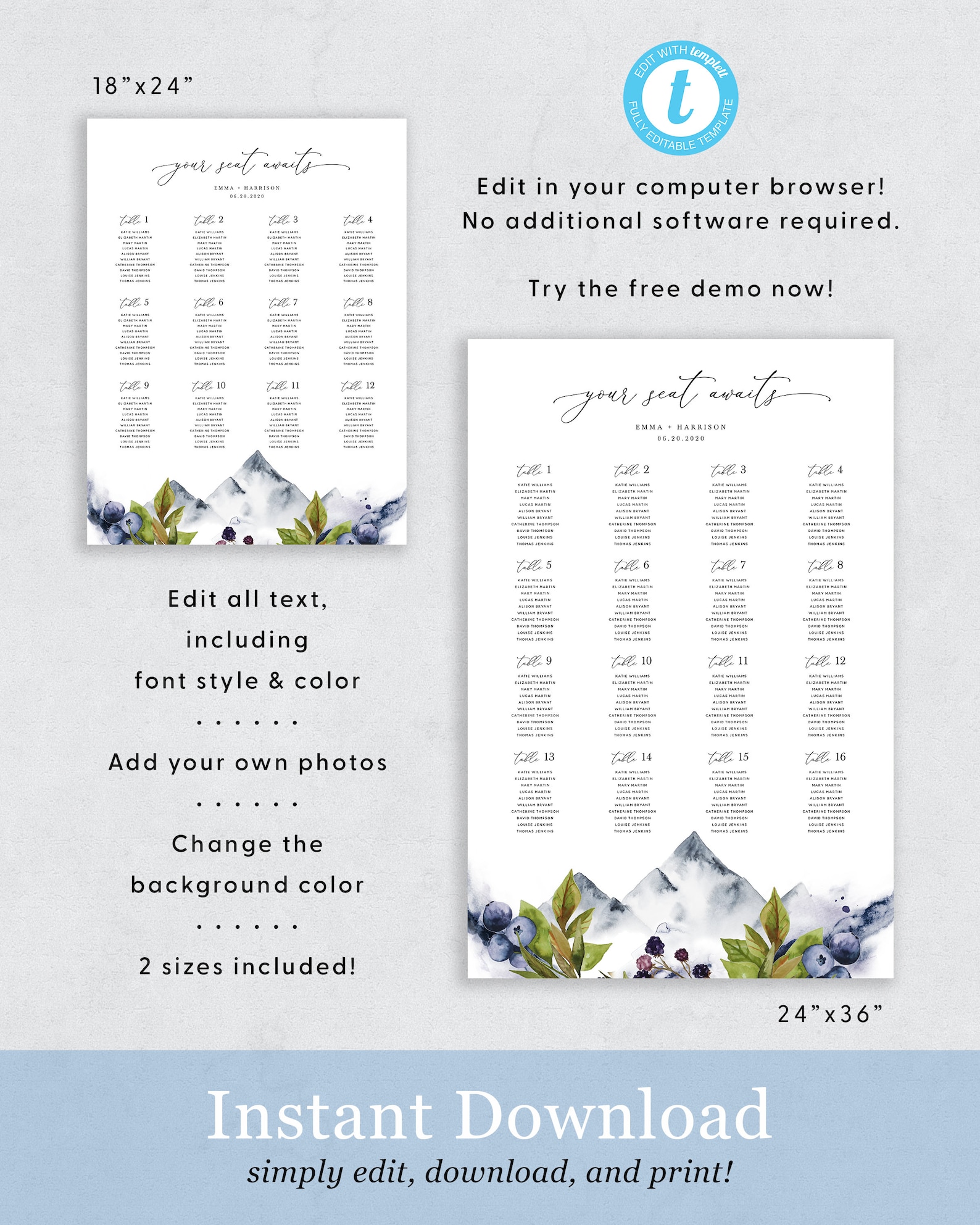 Mountain Wedding Seating Chart Template (18x24" & 24x36"), Outdoor ...