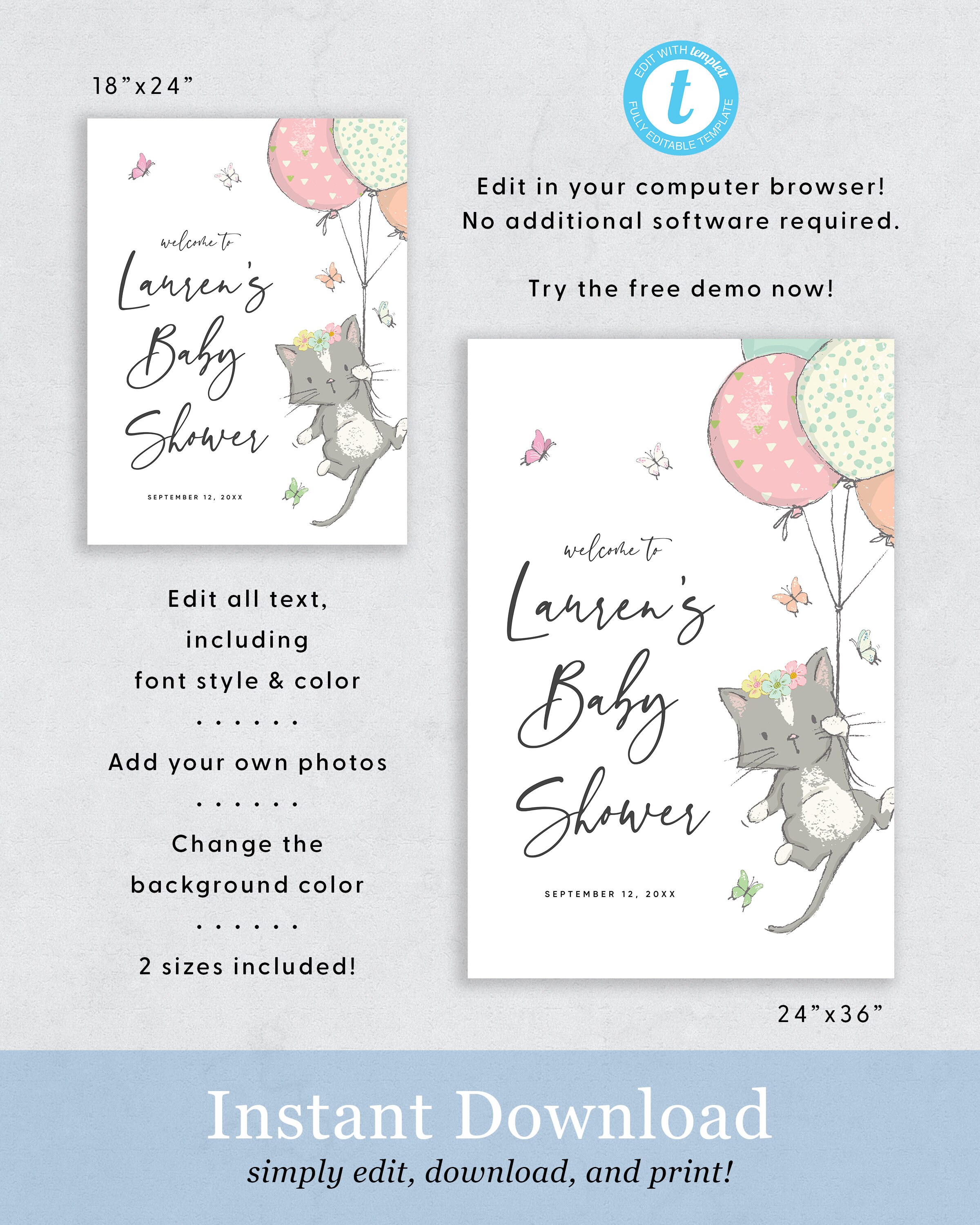 Kitten Girl Baby Shower Welcome Sign Template, Printable Baby Shower ...