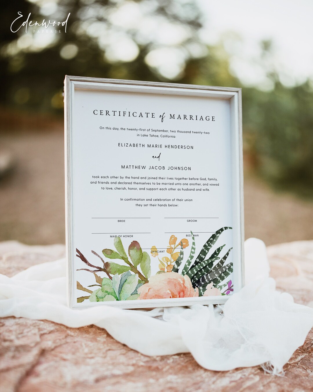 Succulent Marriage Certificate Keepsake, Decorative Marriage ...