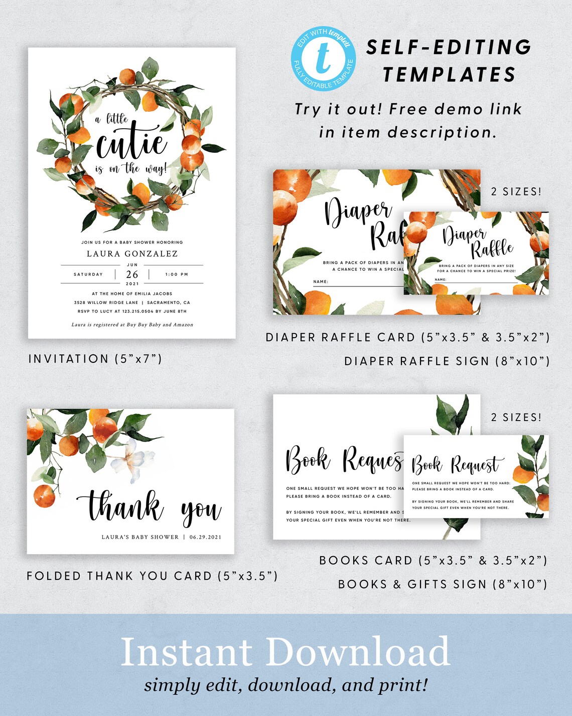 Clementine Cutie Baby Shower Invitation Template, Printable Baby Shower ...