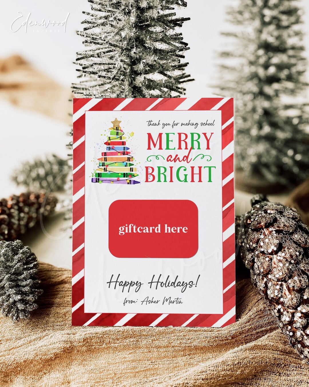 Merry and Bright Teacher Gift Card Holder, Editable Christmas Teacher ...