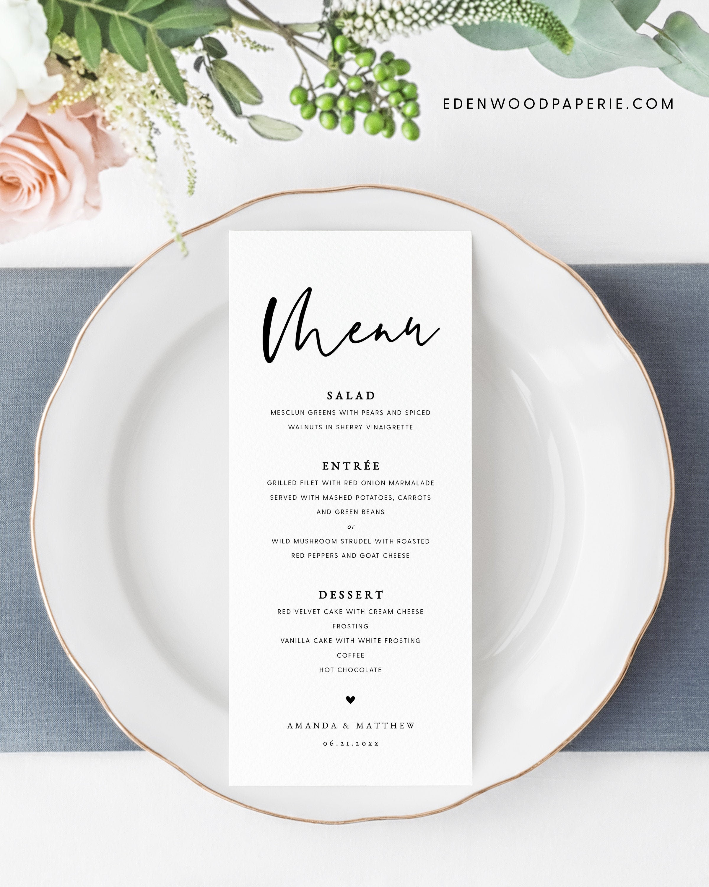 Modern Wedding Menu Cards Minimalist Wedding Menu Template - Etsy