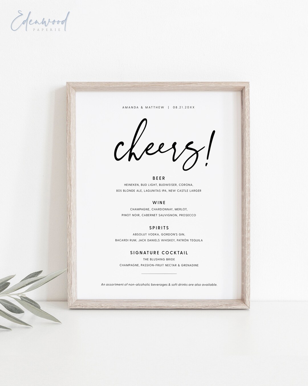 Wedding Bar Menu, Minimalist Bar Menu Sign Template, Wedding Drink Menu ...