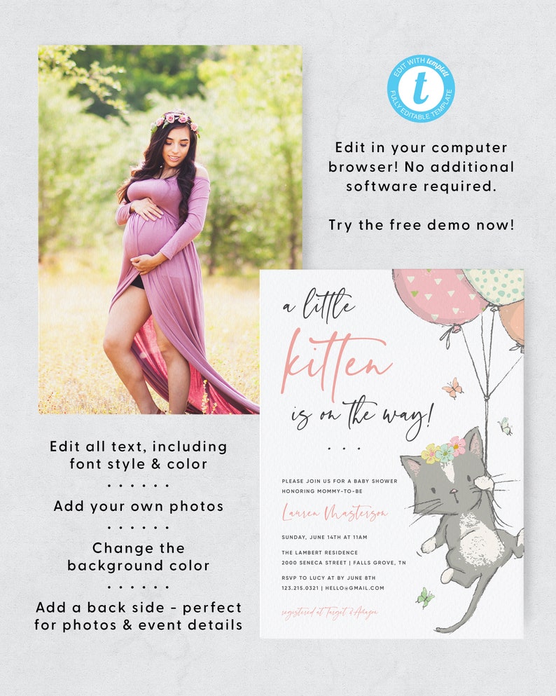 Kitten Baby Shower Invitation Template, Editable Baby Shower Invitation ...