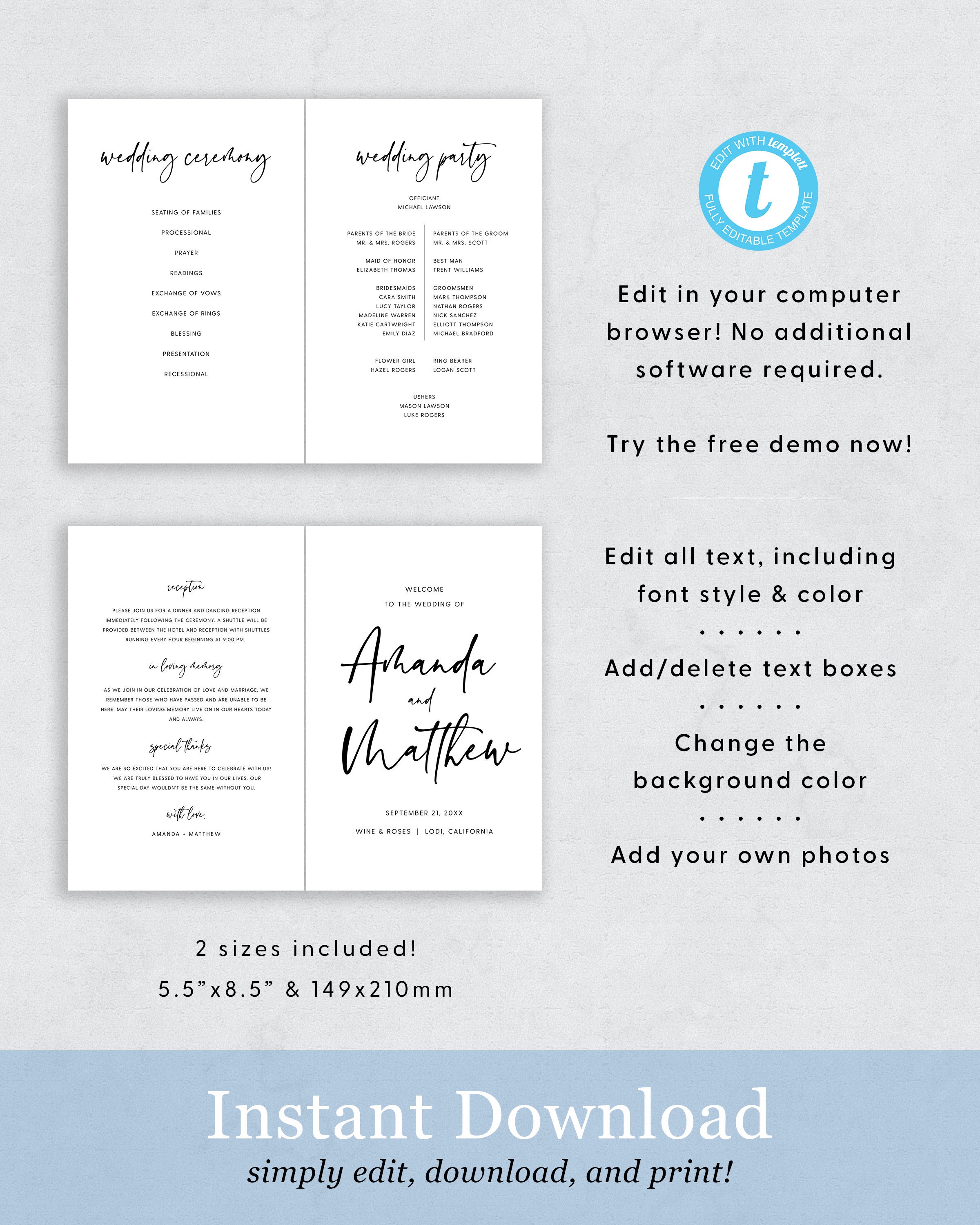 Folded Modern Wedding Program Template, Minimalist Wedding Ceremony ...