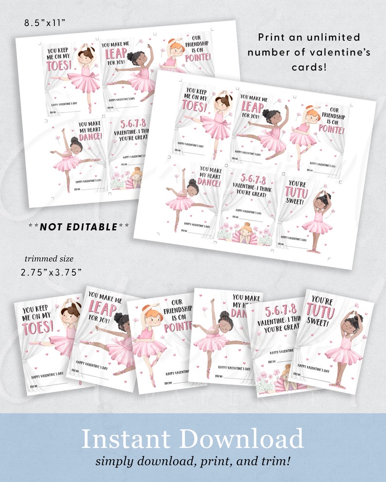 Printable Ballerina Dance Valentine's Day Cards, Classroom Valentine's ...