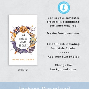 Printable Halloween Treat Tags, No Tricks Just Treats Halloween Favor ...