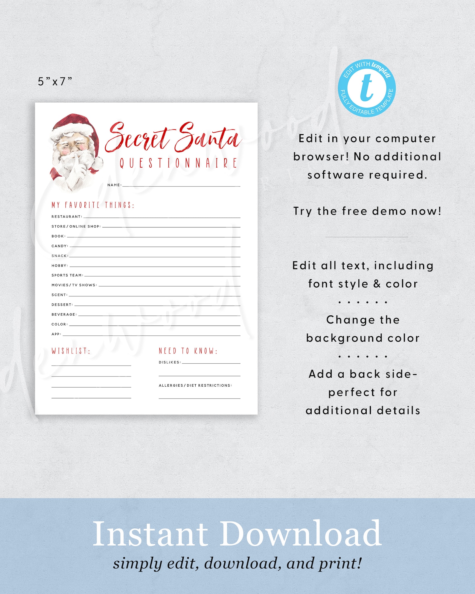 Secret Santa Questionnaire Secret Santa Questionnaire - Etsy