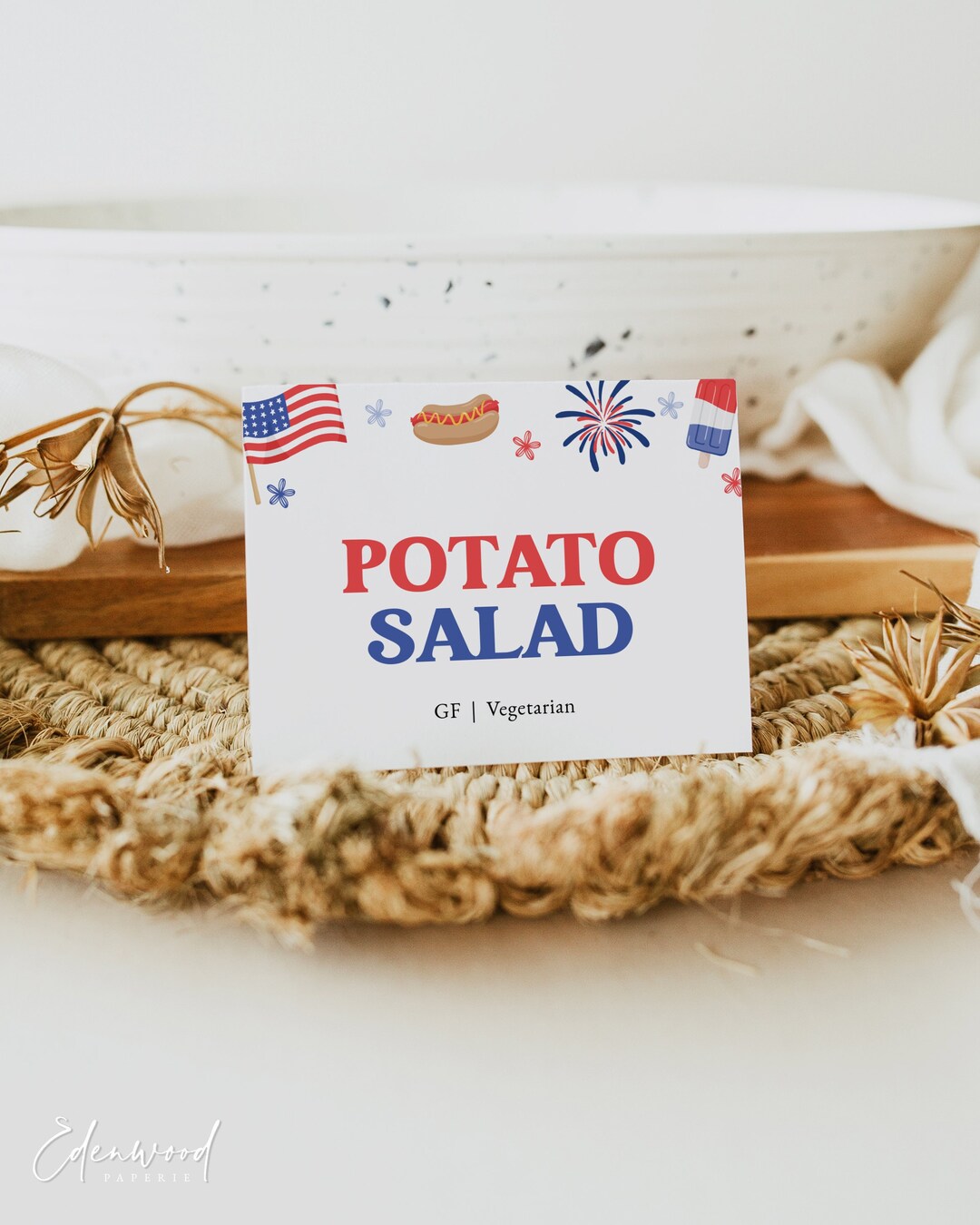 July 4th BBQ Food Label Tent Cards, Independence Day BBQ Buffet Cards ...