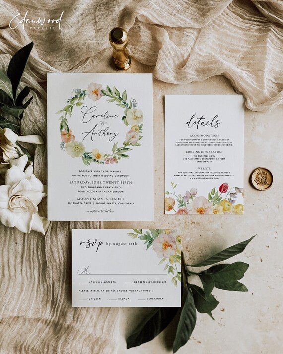 Boho Wedding Invitation Template Suite Spring Floral Wedding | Etsy