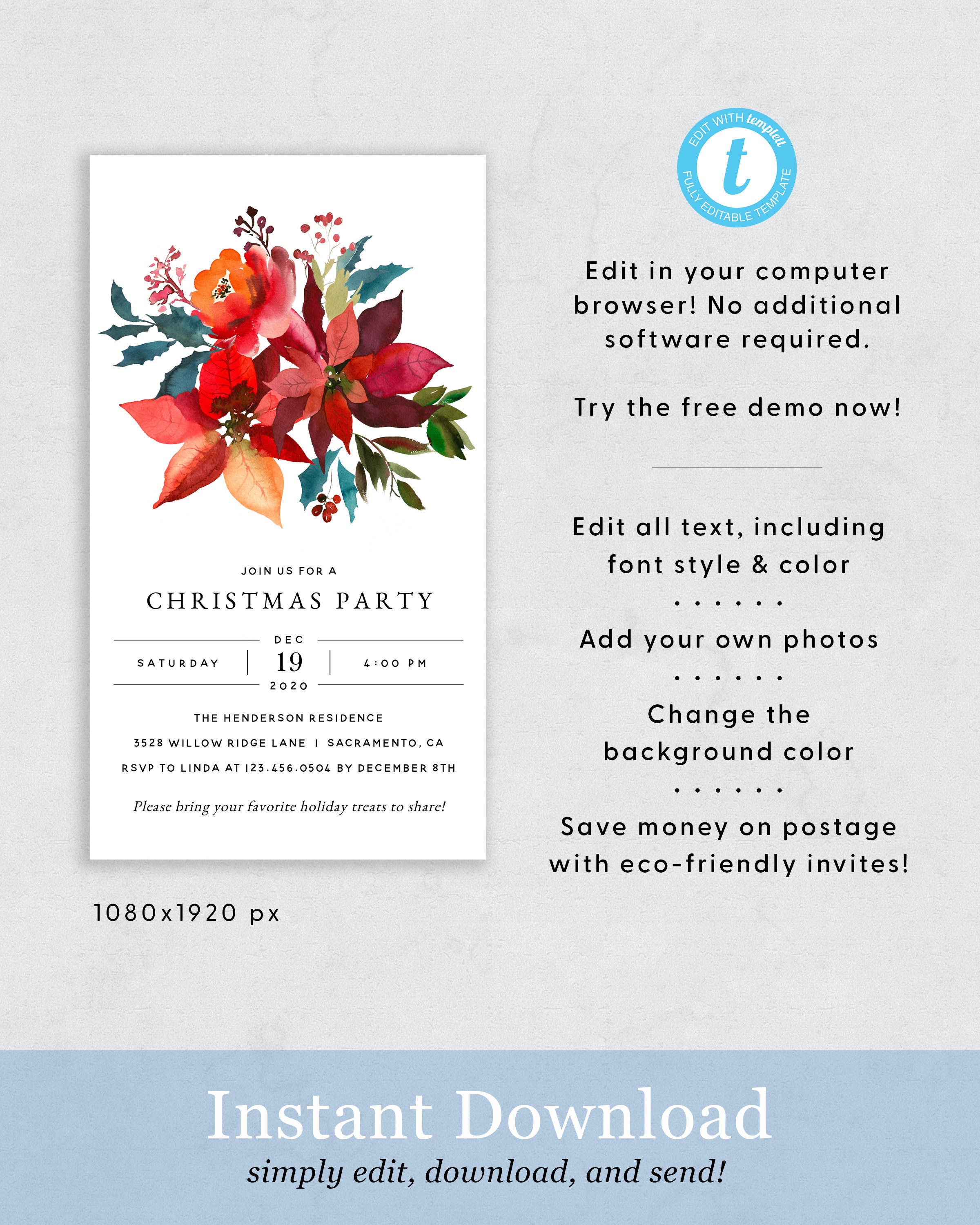Electronic Christmas Party Invitation, Digital Holiday Party Invitation ...