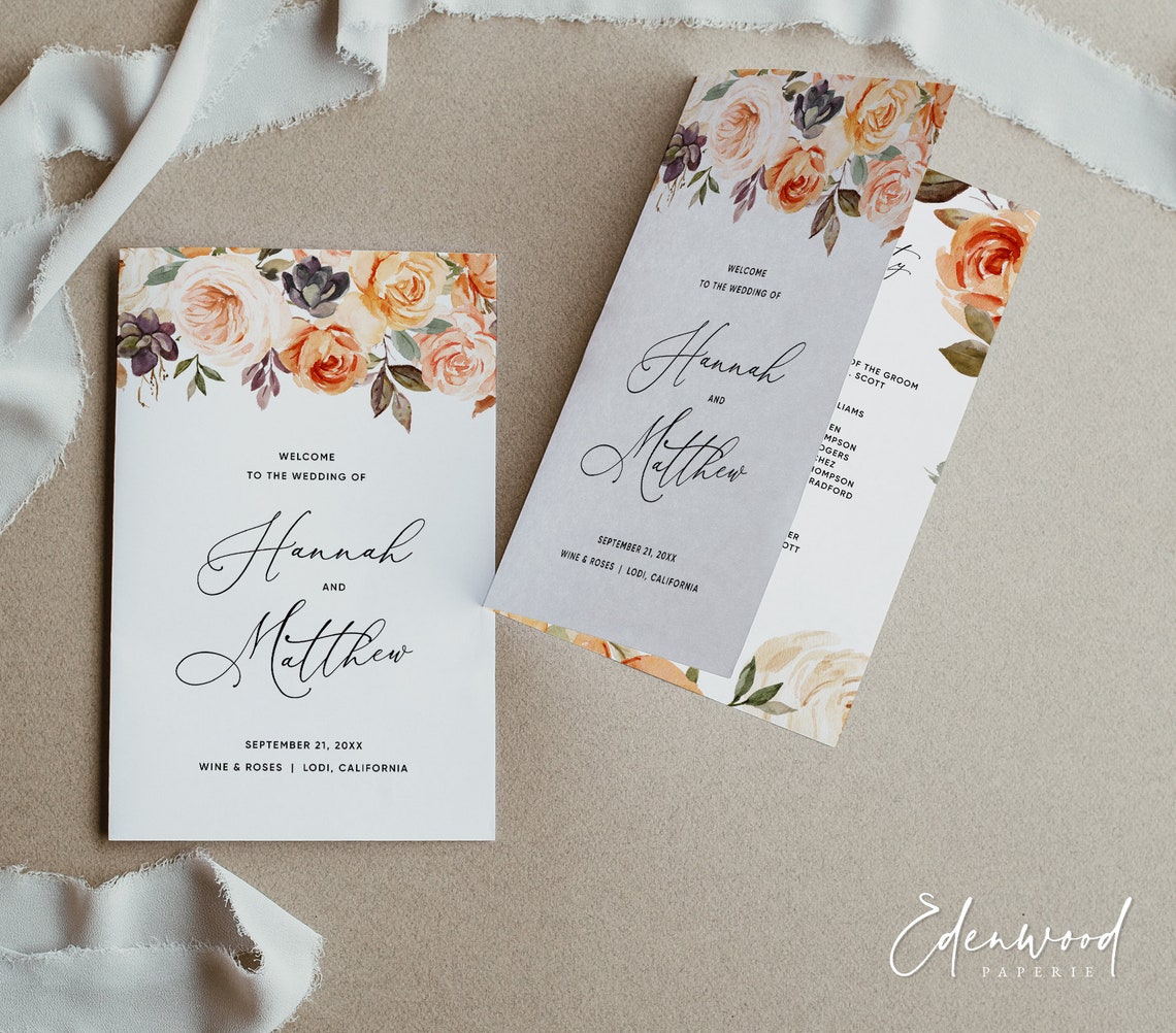 Folded Rustic Wedding Program Template Boho Floral Fall - Etsy
