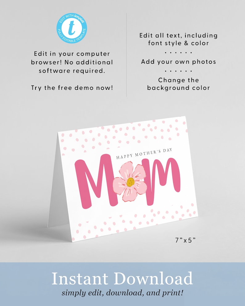 Printable Mother's Day Card, Happy Mother's Day Mom Card Template, DIY ...