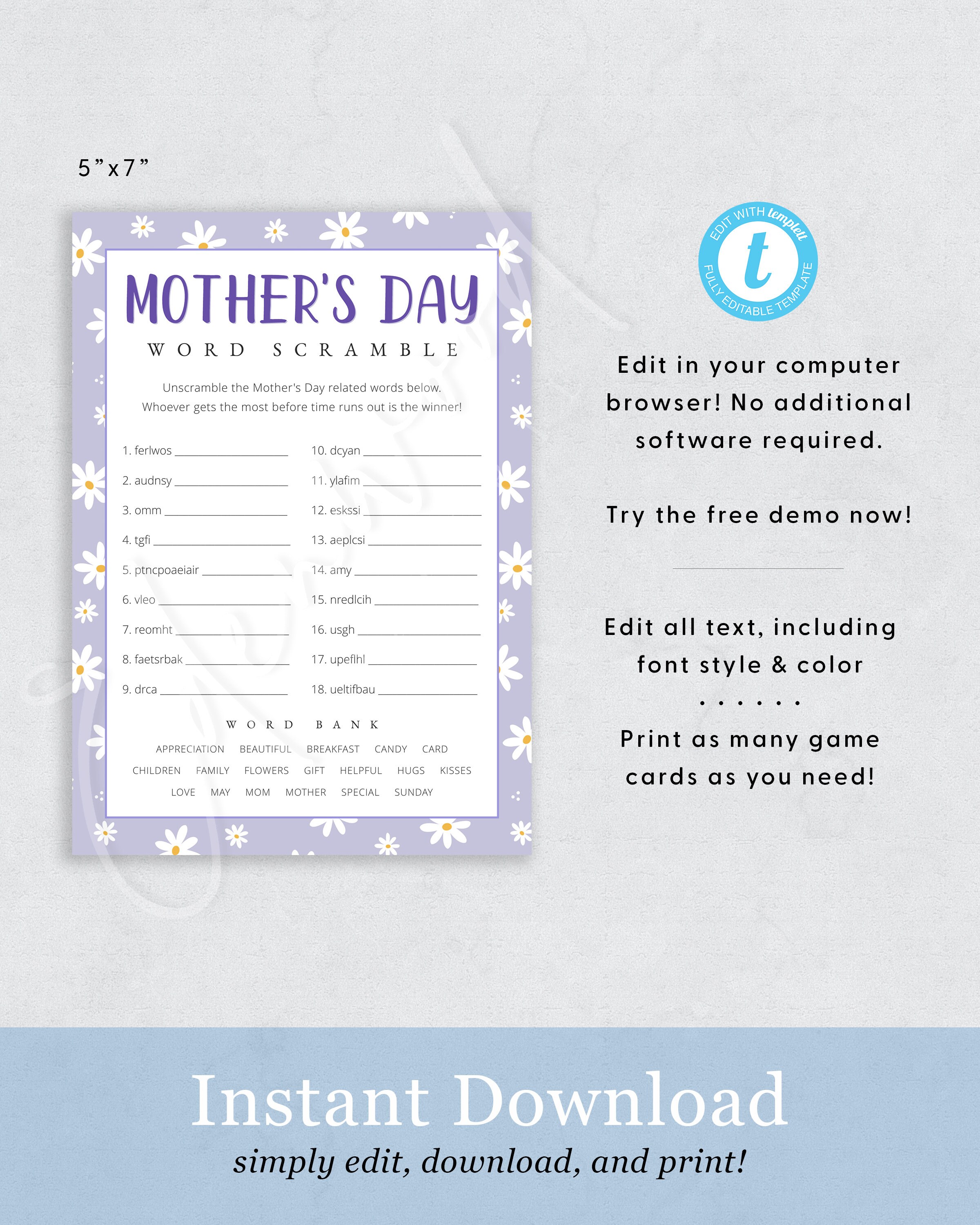 Mother's Day Word Scramble Game, Printable Mother's Day Activities ...