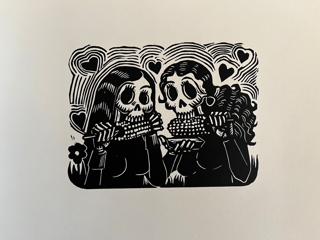 Art, Art Print. We Love Elotes girls. Block Prints. Calavera Art, Day ...