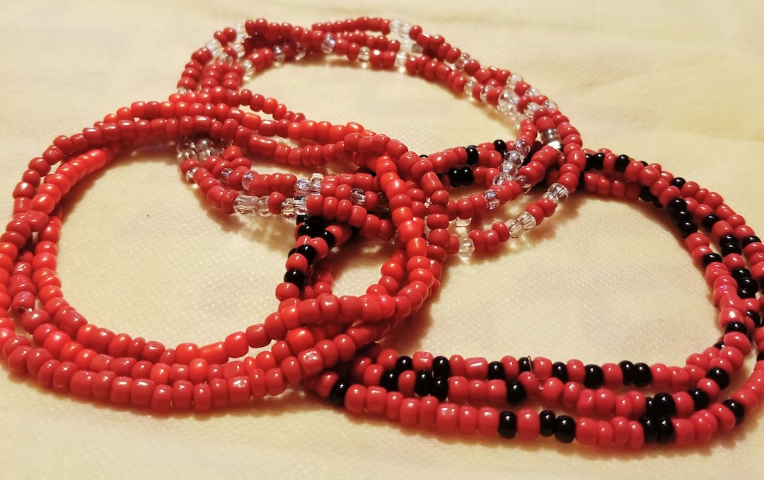 Handmade African Waist Beads Set: Red, Black & Clear - Plus Size ...