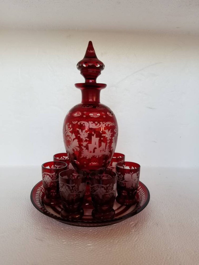 Vintage Bohemian Engerman Ruby Red 9 Piece Decanter Set With - Etsy