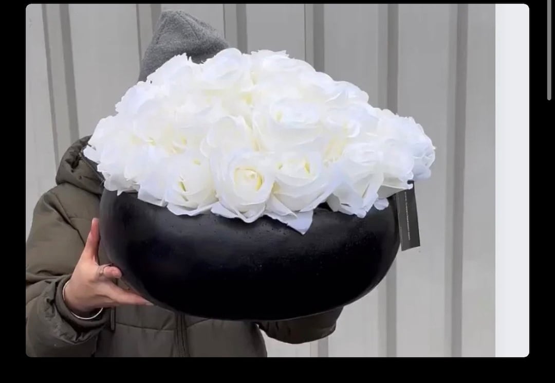 NEW! XL Matt Black Rose Bowl With LARGE Ivory Roses. Home Decor. Faux ...