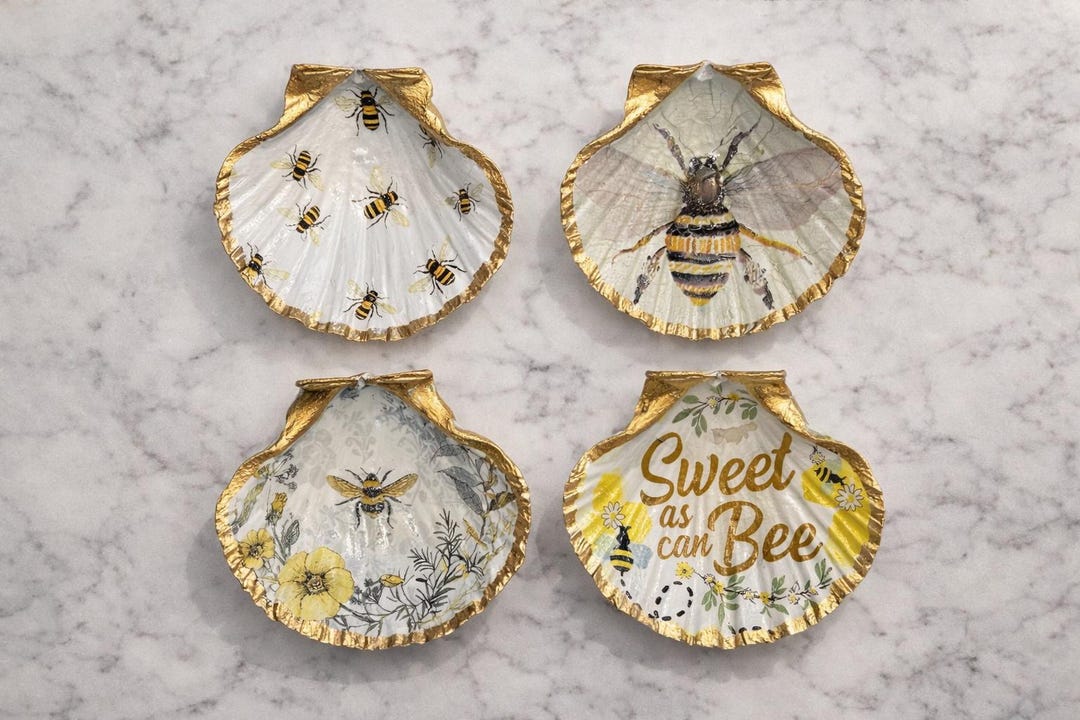 Bee Decoupaged Scallop Shell Ring Dish, Trinket Tray, Beach Decor, 4-4. ...