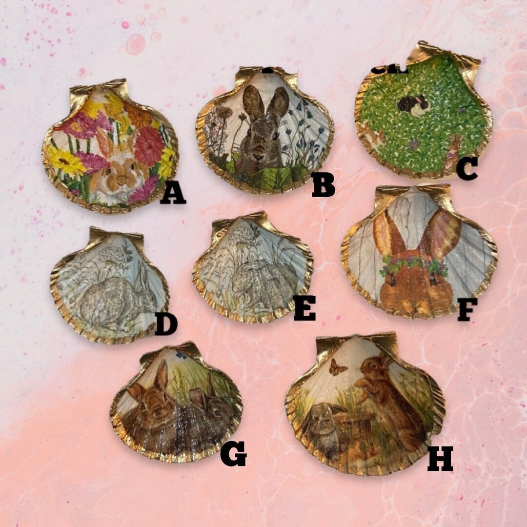 Decoupaged Scallop Shell Bunny Rabbits Decor/ring Dish/trinket Tray ...