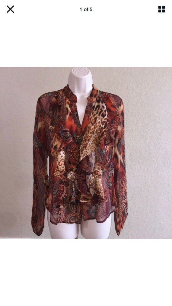 90s Cache Stylized Leopard Floral Semi Sheer Ruffle F… - Gem