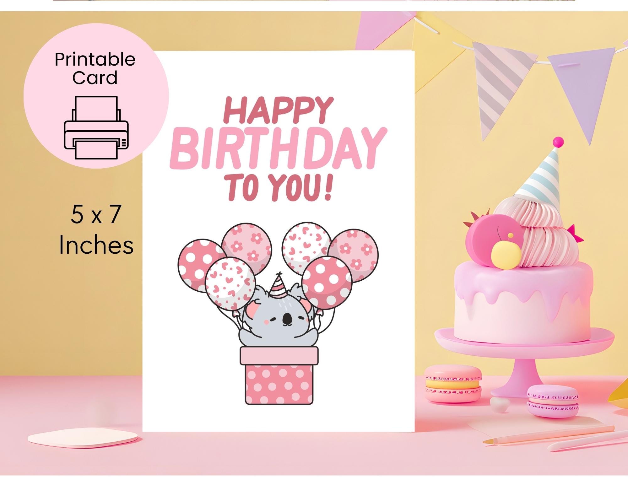 Koala Birthday Card • Kawaii Pink Animal (digital Download 5x7 PDF ...