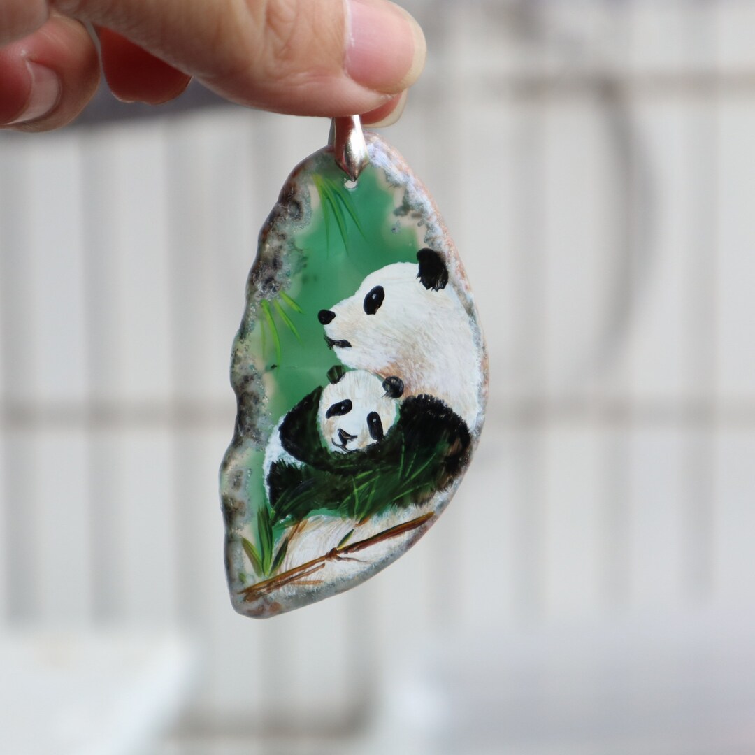 Green Agate Slice Chinese Panda Art Painting Mother and Child Panda - Etsy