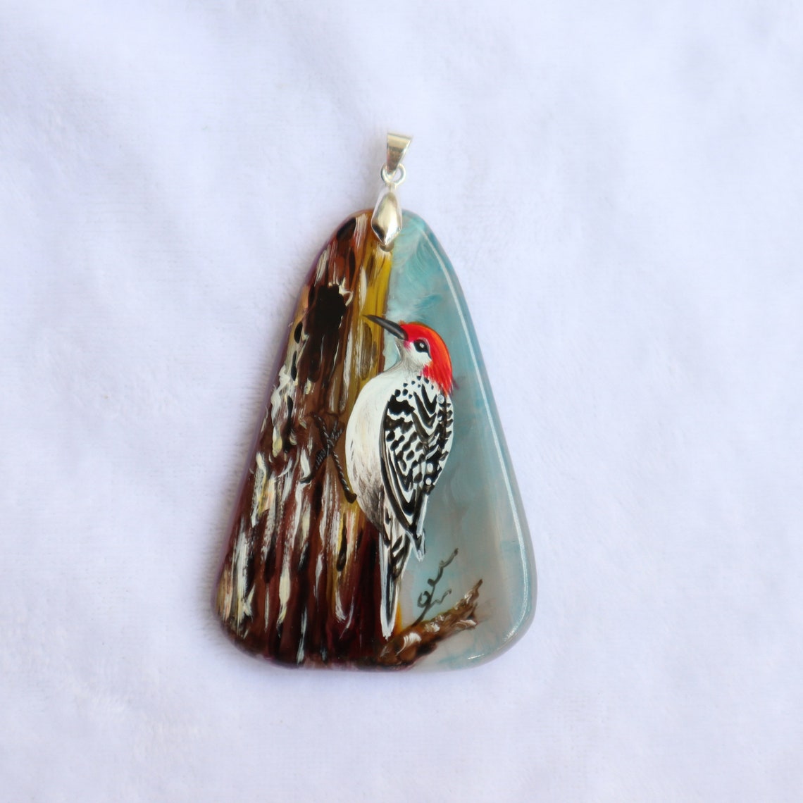 Hand Drawn Design Agate Woodpecker Parrot Pendant Unique Bird Gemstone ...