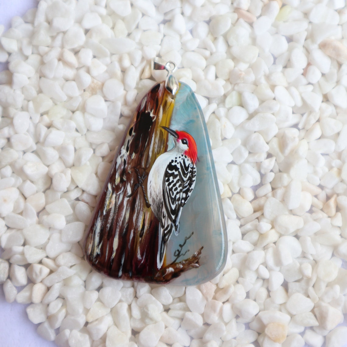 Hand Drawn Design Agate Woodpecker Parrot Pendant Unique Bird Gemstone ...