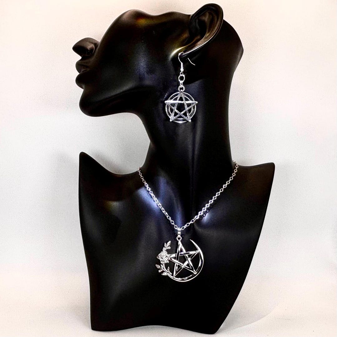 Sterling Silver Rose Pentagram Pentacle Necklace: Earrings, Celtic Moon ...