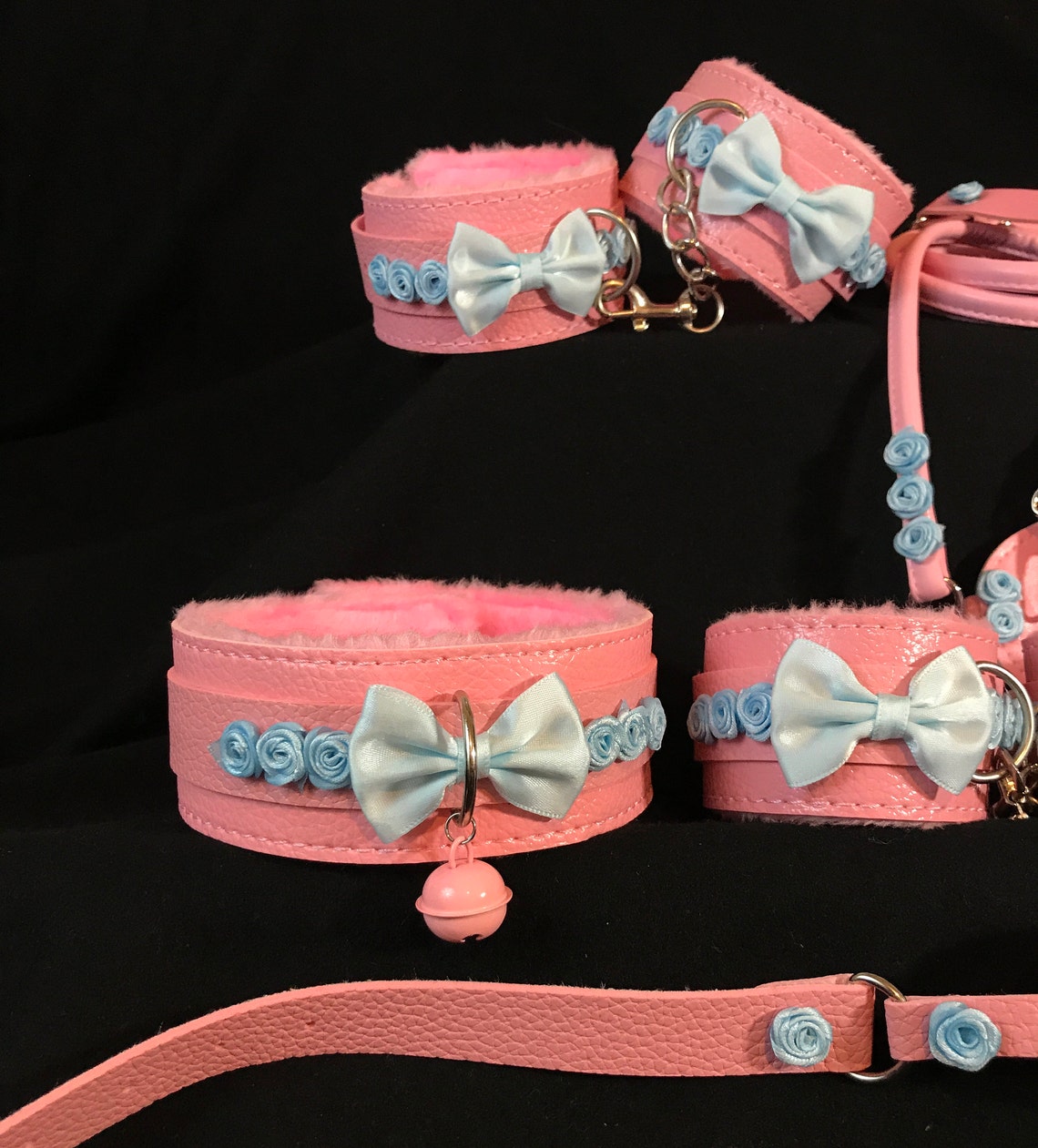 Pinkblue Full Ddlg Bdsm Set Collar Leash Handcuffs Etsy