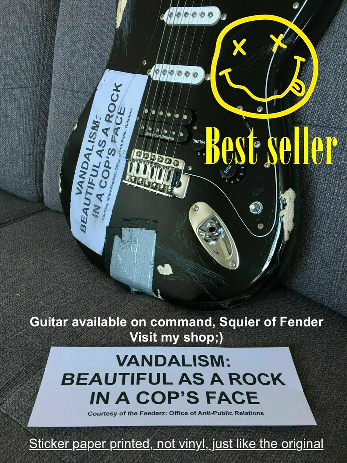 Kurt Cobain Nirvana Strat Guitar Sticker Beautiful as a Rock in a Face ...