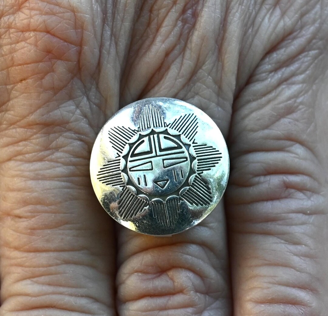 Unique Navajo "sun God" Button Cover Ring by Davin Benally Sterling ...