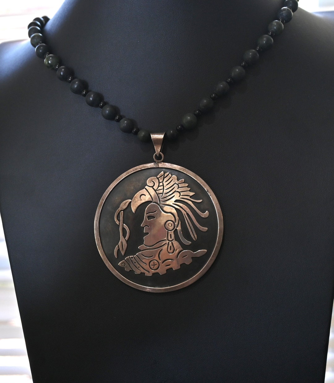 LARGE Vintage Mexico Sterling Silver Aztec Pendant or Broach on 21 Inch ...