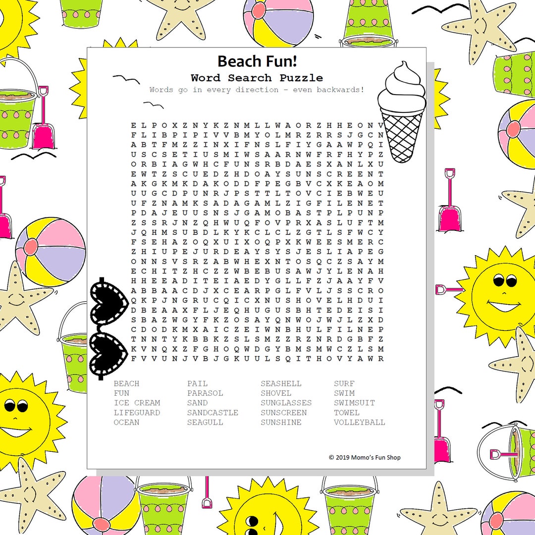 Beach Fun Word Search for Kids - Challenging Word Search, Party Favour ...