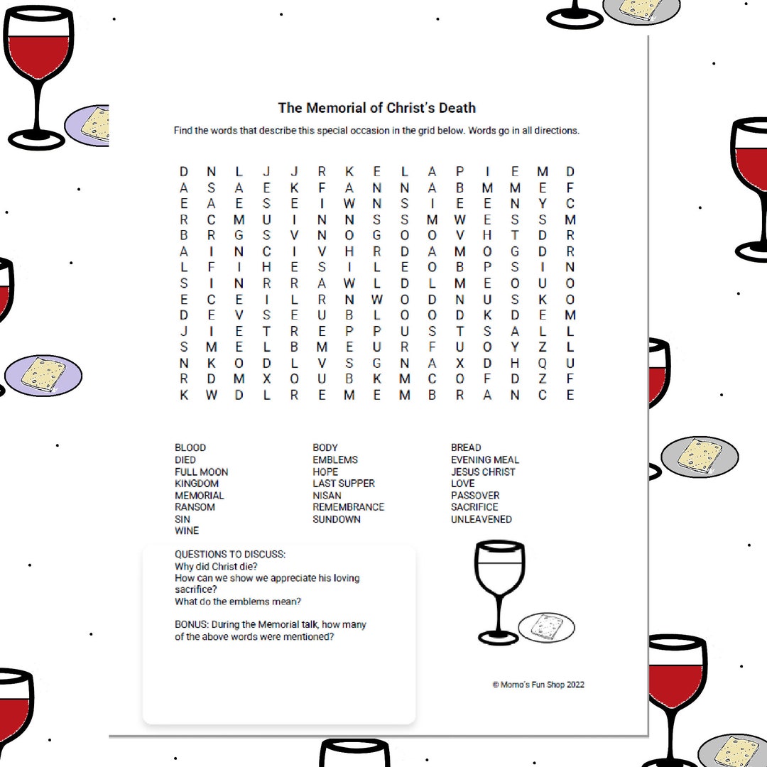 Memorial of Christ's Death Word Search Puzzle JW Printables for Kids ...