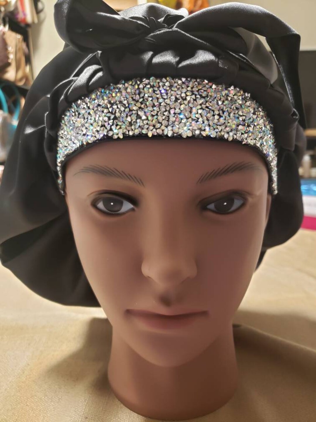 Bling Rhinestones Satin Bonnet Hair Cap With Tie Straps - Etsy