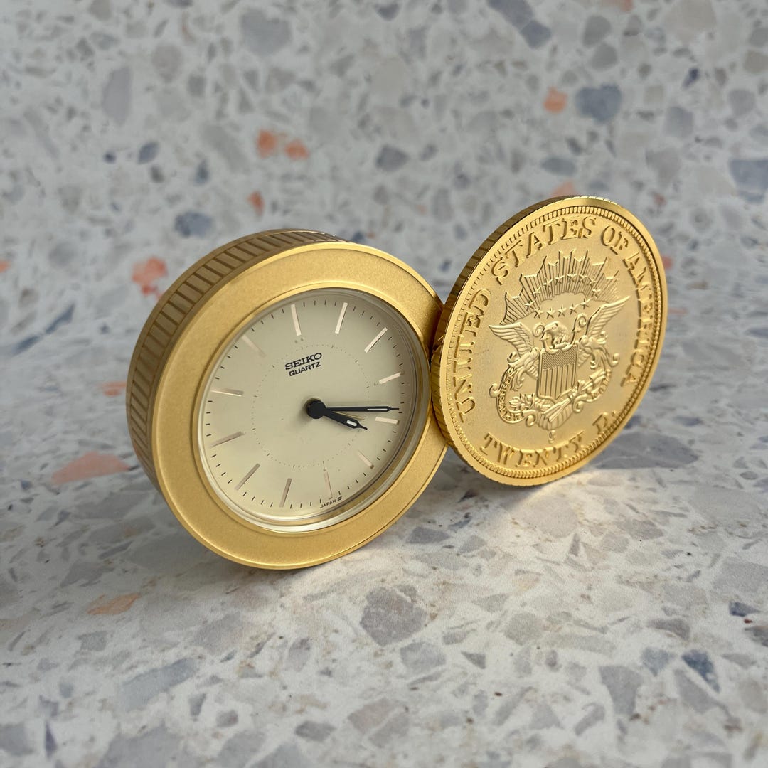 Seiko Gold Coin Travel Clock, Battery Operated, 1885 20 Dollar Double ...