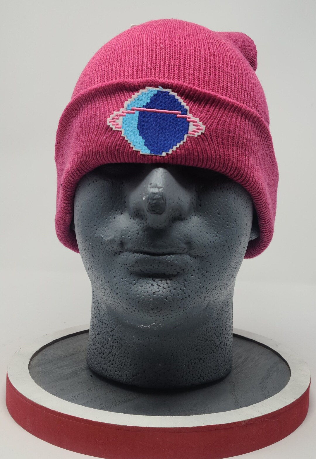 Pixelated 8-bit Planet - Pixel Art Beanie Winter Hat - Pink - Etsy