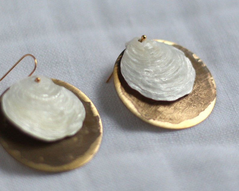 Modern Patinaed Brass and Jingle Shell Dangle Earrings - Etsy