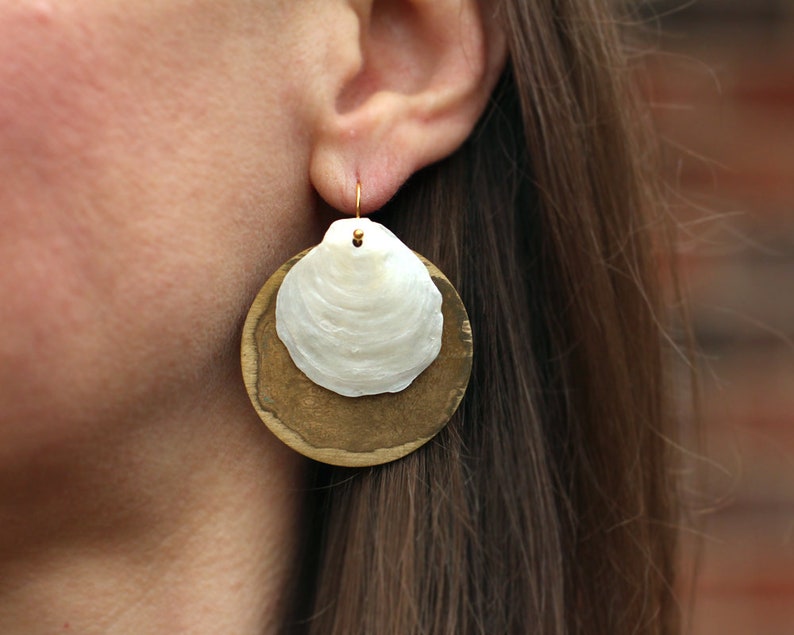 Modern Patinaed Brass and Jingle Shell Dangle Earrings - Etsy