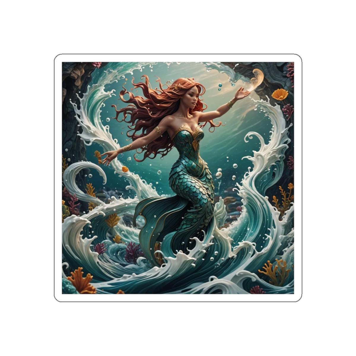 Mermaid Die-cut Stickers, Detailed Mermaid in Waves, Ocean Vibes ...