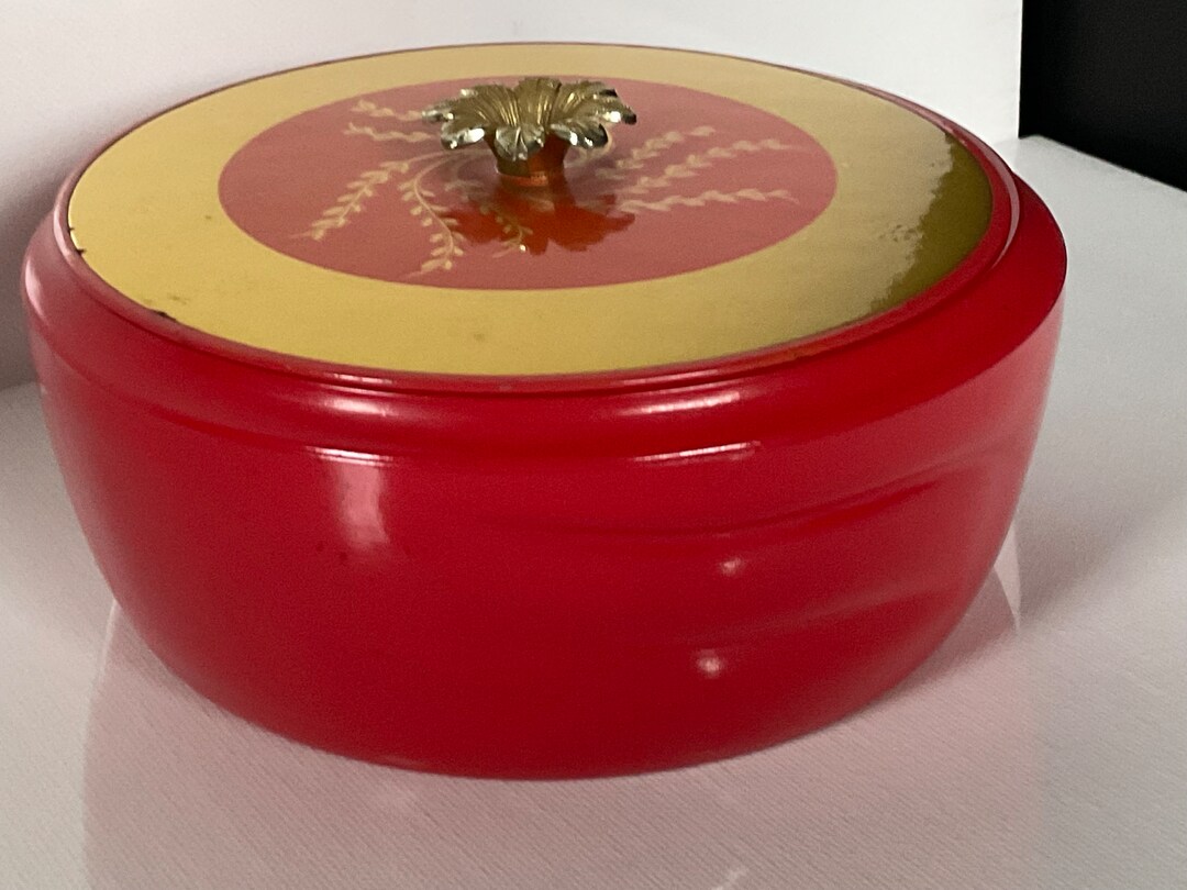 Vintage Avon MCM Red Glass Round Dresser Dusting Powder Container With ...