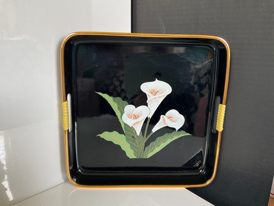 Vintage MCM Japanese Black Lacquer Decorative Tray With Gold Edges ...