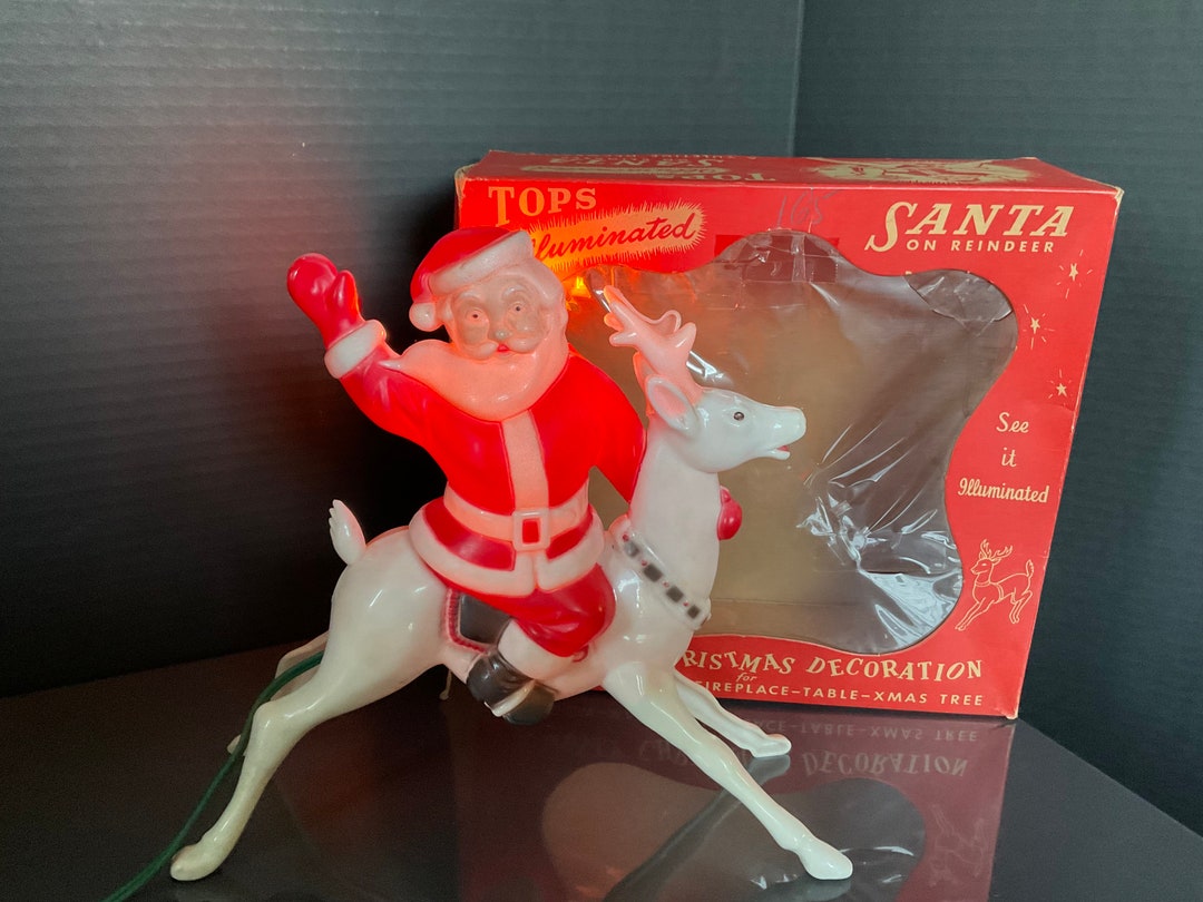Vintage 1950’s Tops Illuminated Plastic Santa on Reindeer A Yuletide ...