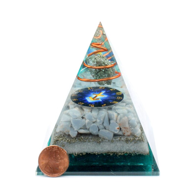 Orgonite Pyramid With Angelite and Pyrite EMF Buster Crystal Pyramid ...