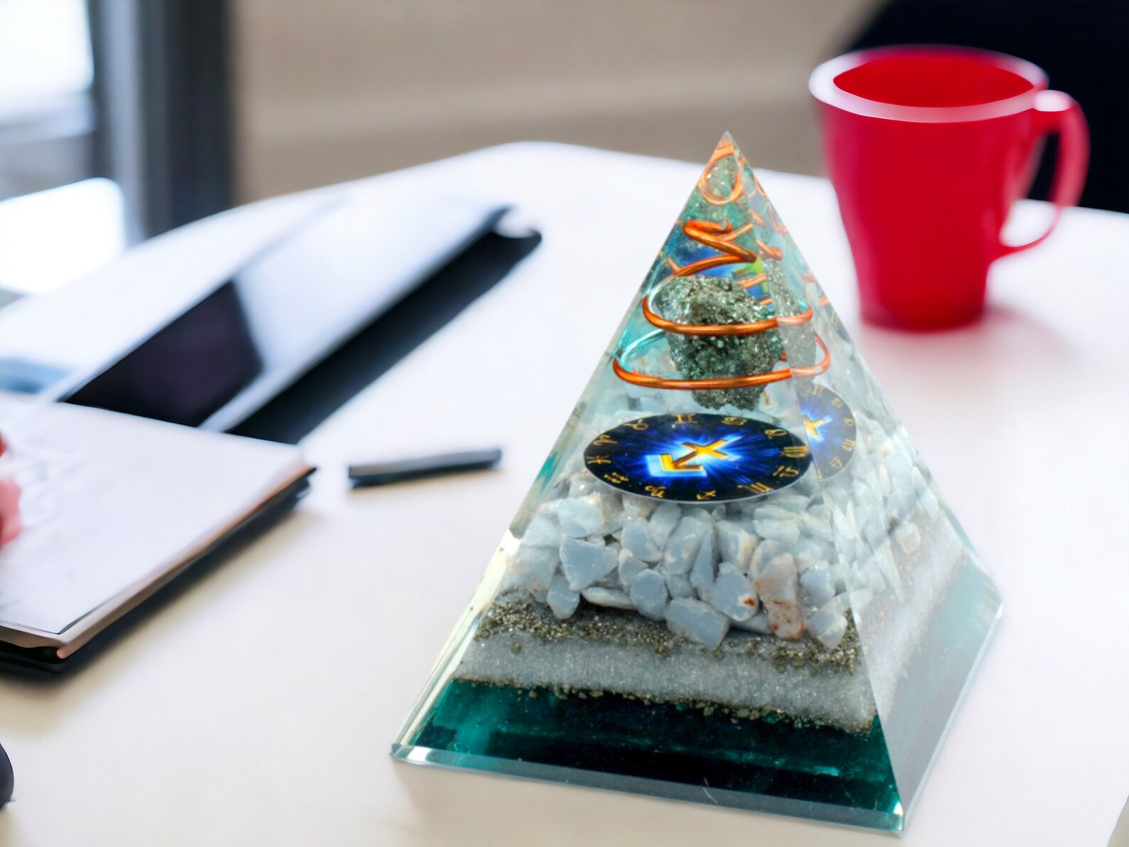 Orgonite Pyramid With Angelite and Pyrite EMF Buster Crystal Pyramid ...